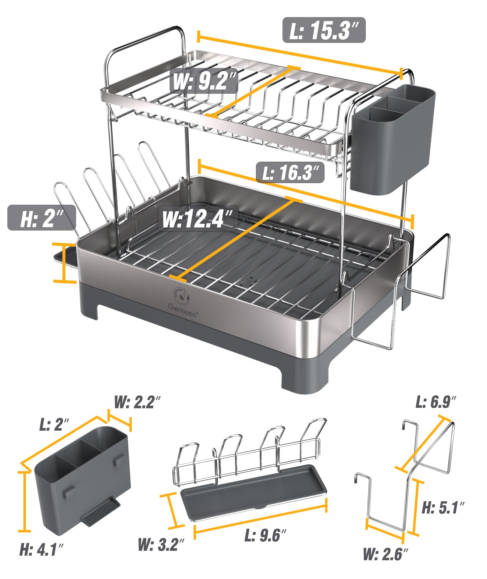 Genteen Dish Drying Rack, 2 Tier Large Dish Drying Rack with Drainboard 304 Stainless Steel Dish Rack for Kitchen Counter with Swivel Spout, Utensil Holder, Cup Rack