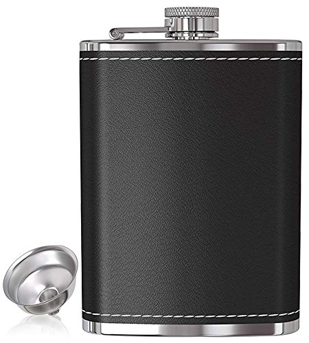 Flask for Liquor and Funnel - 8 Oz Leak Proof 18/8 Stainless Steel Pocket Hip Flask with Black Leather Cover for Discrete Shot Drinking of Alcohol, Whiskey, Rum and Vodka | Gift for Men