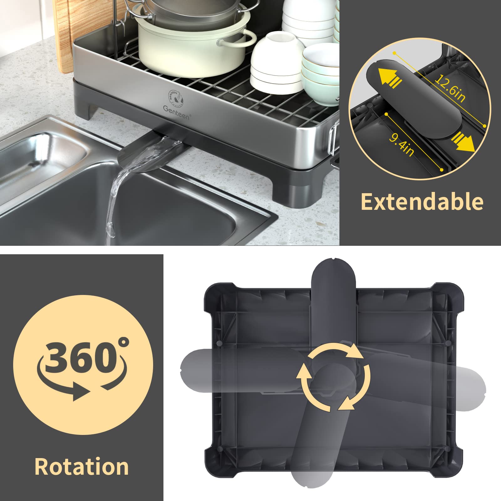 Genteen Dish Drying Rack, 2 Tier Large Dish Drying Rack with Drainboard 304 Stainless Steel Dish Rack for Kitchen Counter with Swivel Spout, Utensil Holder, Cup Rack
