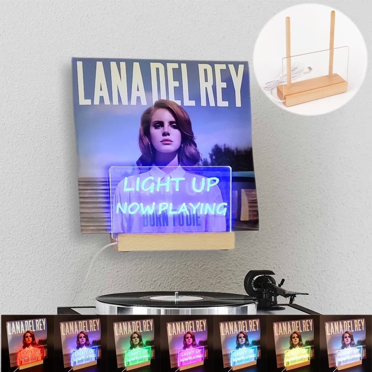 BiJun Now Playing Vinyl Record Stand, Now Spinning Vinyl Display Stand Wall Mount or Tabletop Vinyl Record Holder Wooden Floating Shlelf for Albums LP Display Storage with Illuminated Acrylic Panel