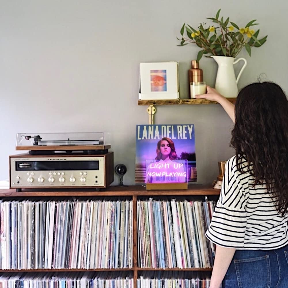 BiJun Now Playing Vinyl Record Stand, Now Spinning Vinyl Display Stand Wall Mount or Tabletop Vinyl Record Holder Wooden Floating Shlelf for Albums LP Display Storage with Illuminated Acrylic Panel