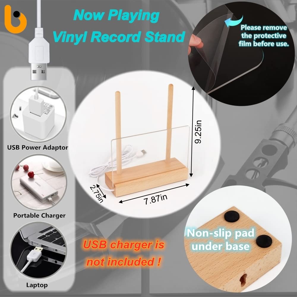 BiJun Now Playing Vinyl Record Stand, Now Spinning Vinyl Display Stand Wall Mount or Tabletop Vinyl Record Holder Wooden Floating Shlelf for Albums LP Display Storage with Illuminated Acrylic Panel