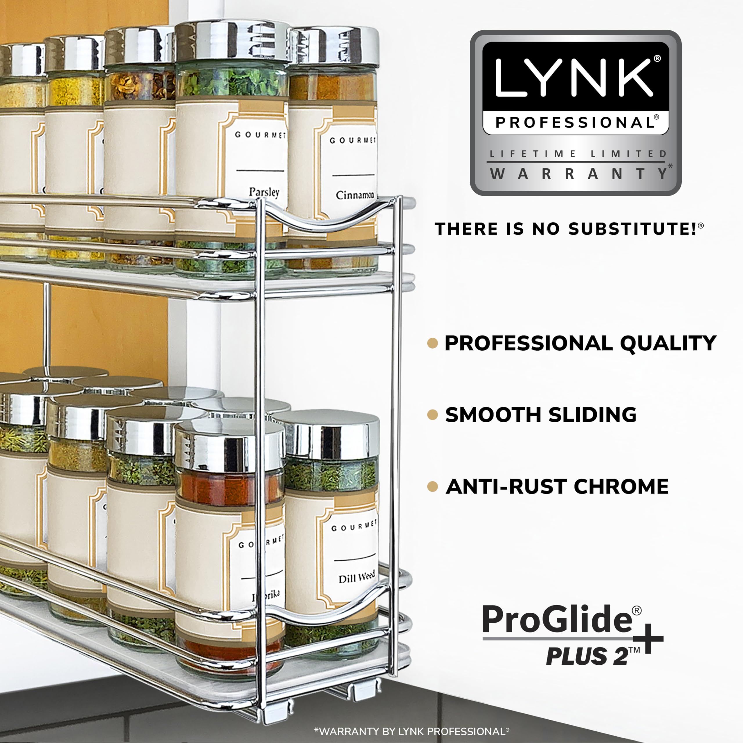 Lynk ProfessionalĀ® Pull Out Spice Rack Organizer for Cabinet - Slide Out Vertical Spice Rack - 4-1/4 inch Wide Sliding Spice Organizer Shelf - Double, Chrome