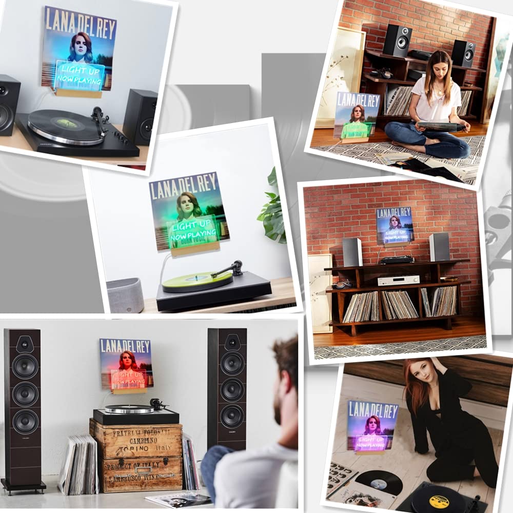 BiJun Now Playing Vinyl Record Stand, Now Spinning Vinyl Display Stand Wall Mount or Tabletop Vinyl Record Holder Wooden Floating Shlelf for Albums LP Display Storage with Illuminated Acrylic Panel