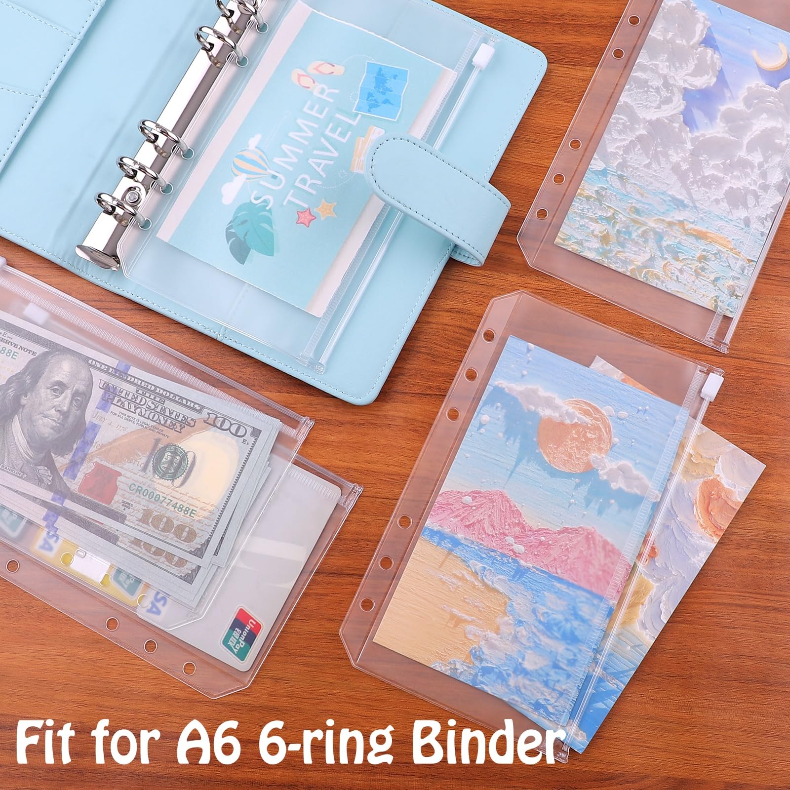 Antner 12pcs A6 Size Binder Pockets 6 Holes Budget Cash Envelopes for Budgeting, Clear Zipper Folders Loose Leaf Bags for 6-Ring Budget Binder, Waterproof PVC Document Pouch Filing Bags