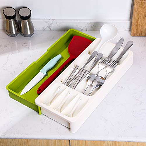 CEGAR Flatware organizer, Expandable Kitchen Drawer Organizer for Cutlery Silverware. Drawer Organizer Tray, BPA Free, 16.0 x 6.6 x 2.4 Inches(406 x 166 x 59 mm, Cream and Green