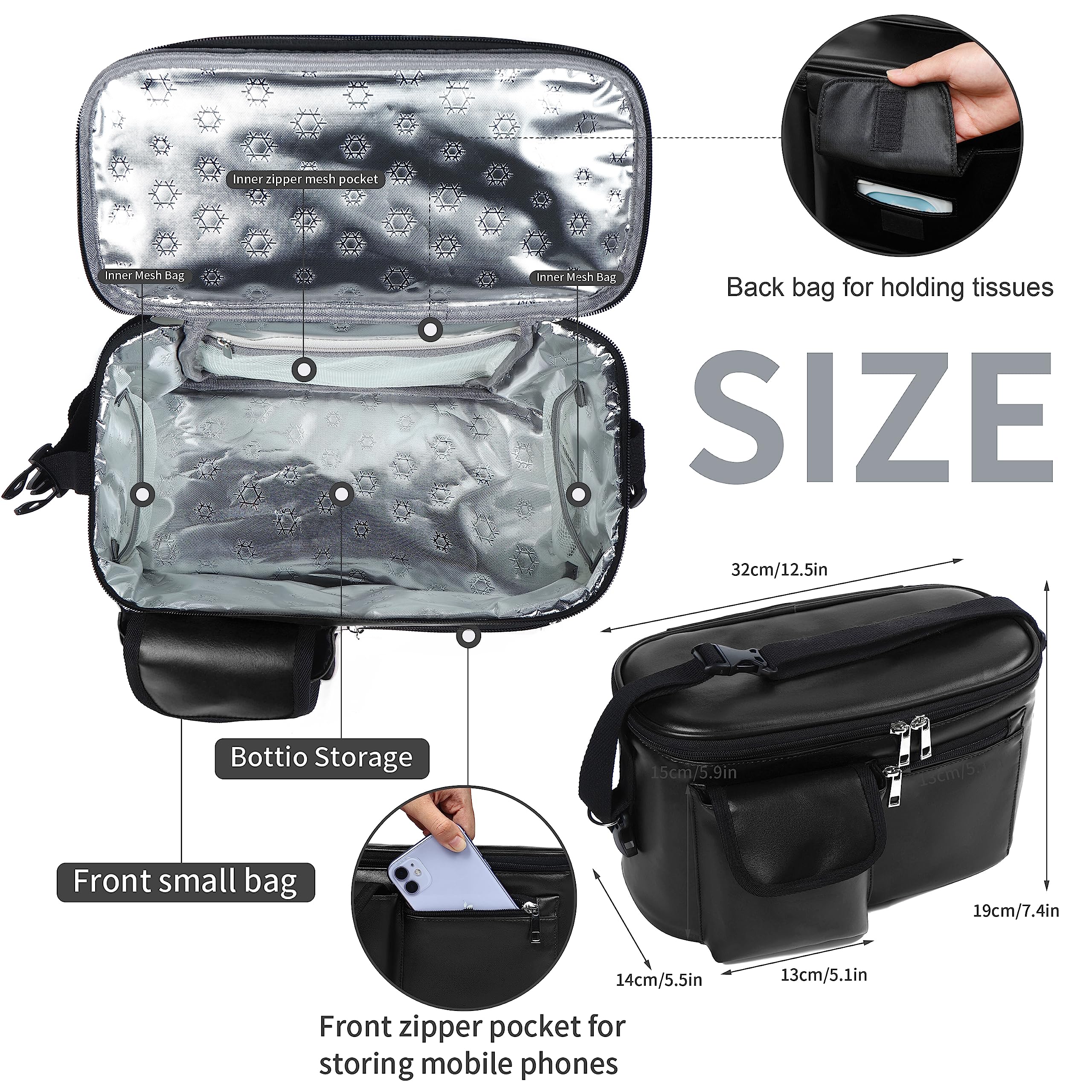 Universal Stroller Organizer with Insulated Cup Holder Detachable Phone Bag & Shoulder Strap, Fits for Stroller Like Uppababy, Baby Jogger, Britax, BOB, Umbrella and Pet Stroller (Black)