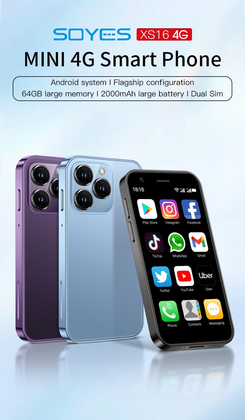 Super Mini Smartphone 4G SOYES XS16 Android 10.0 Stundent Cellphone 5MP 2000mAh 3inch Handheld Sized Backup Small Mobile Phone Gift for Kid (2GB RAM 16GB ROM, Black)