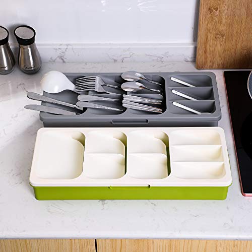 CEGAR Flatware organizer, Expandable Kitchen Drawer Organizer for Cutlery Silverware. Drawer Organizer Tray, BPA Free, 16.0 x 6.6 x 2.4 Inches(406 x 166 x 59 mm, Cream and Green