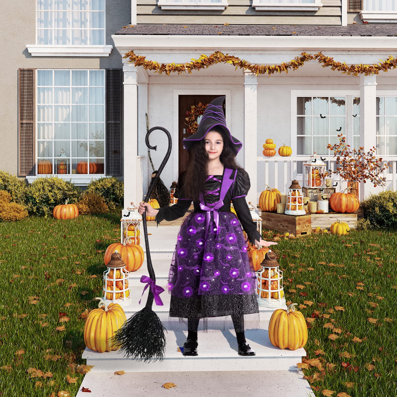 Poshetion Halloween Witch Broom with Ribbons for Kids and Adults, Wizard Flying Wicked Broomstick Props for Cosplay Party, Witch Decorations, Black