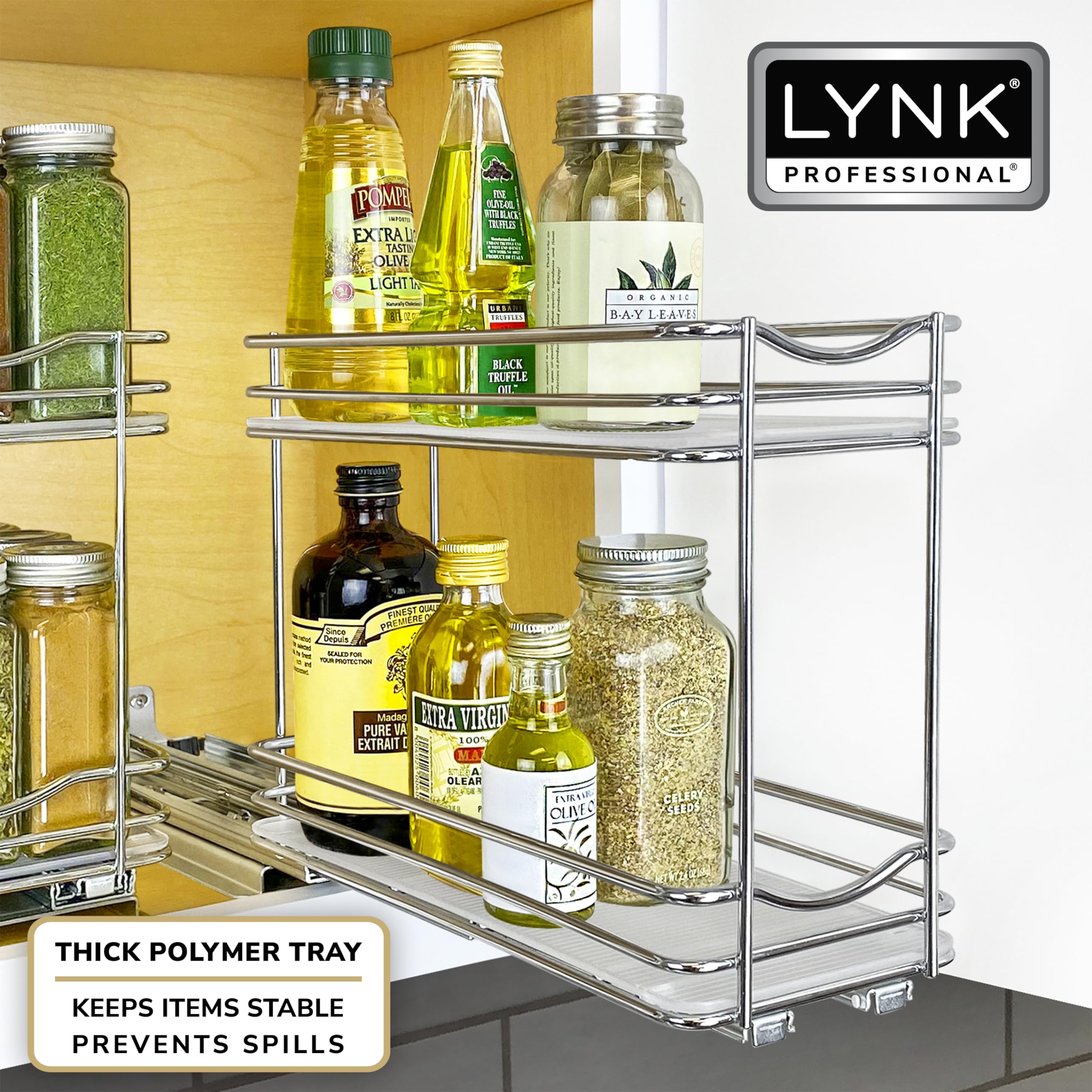Lynk ProfessionalĀ® Pull Out Spice Rack Organizer for Cabinet - Slide Out Vertical Spice Rack - 4-1/4 inch Wide Sliding Spice Organizer Shelf - Double, Chrome