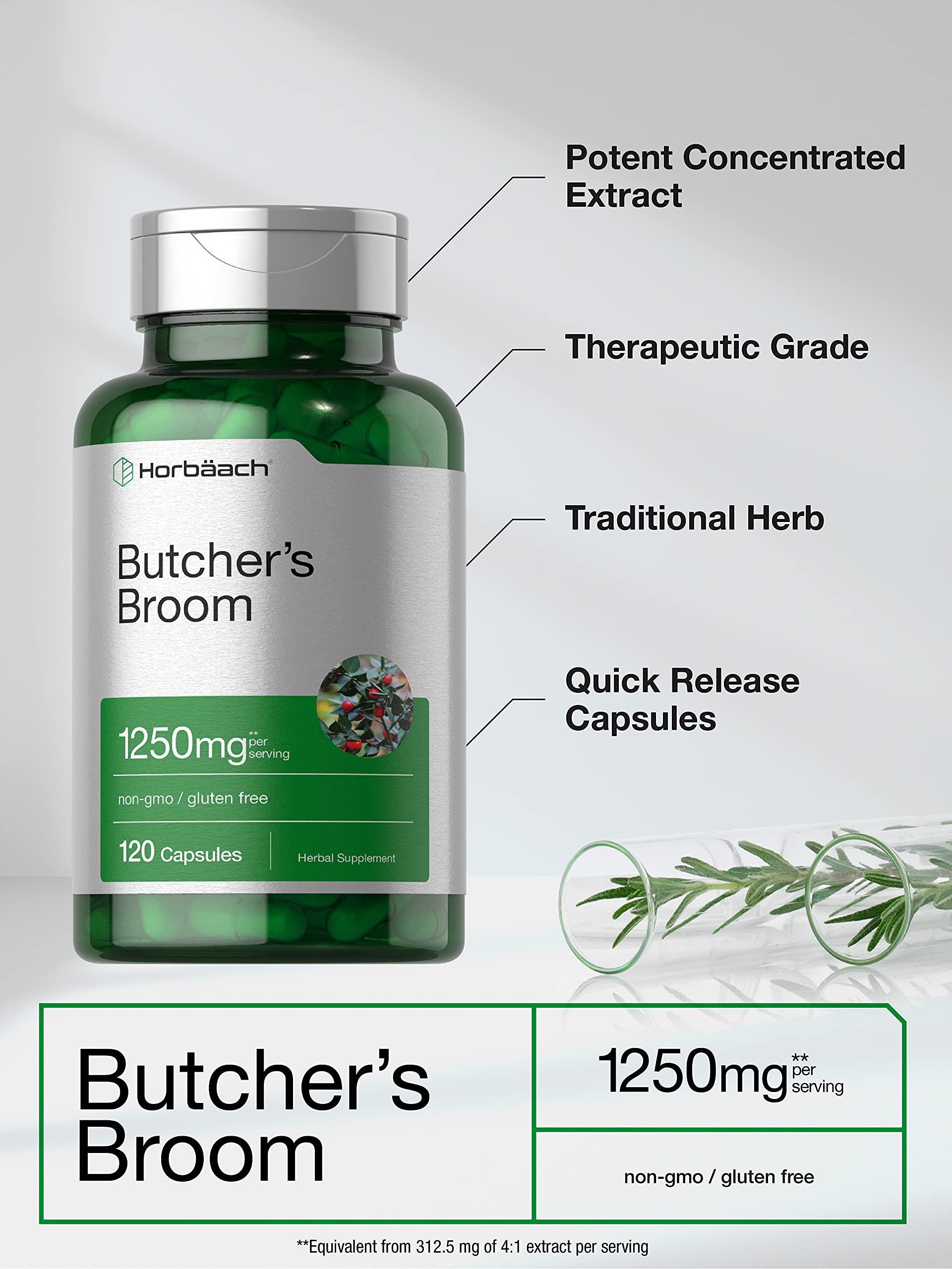 Horbaach Butchers Broom Capsules 1250mg | 120 Count | Non-GMO, Gluten Free | Traditional Herb Root Extract Supplement
