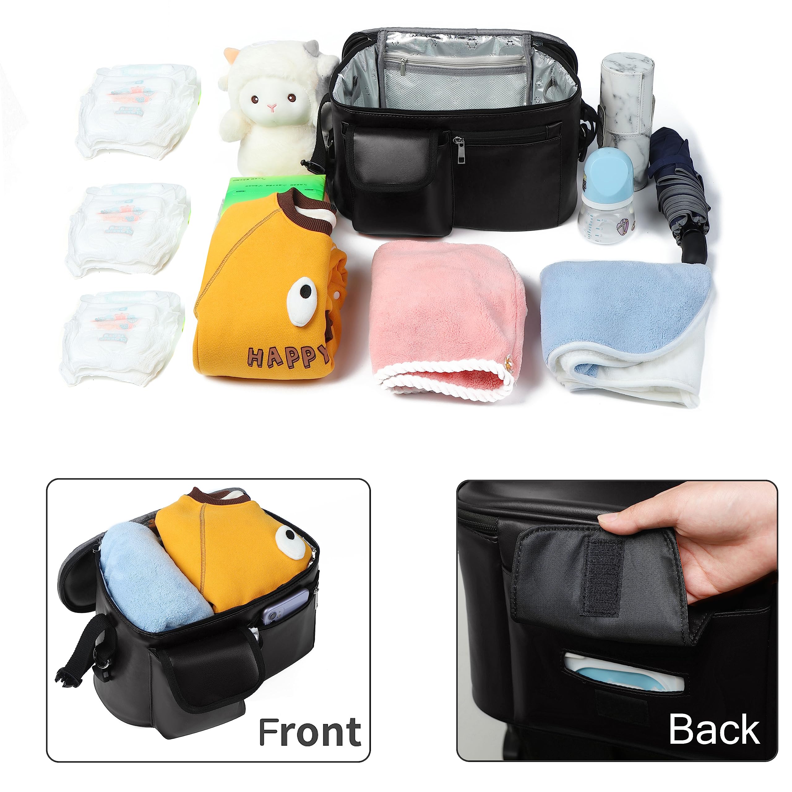 Universal Stroller Organizer with Insulated Cup Holder Detachable Phone Bag & Shoulder Strap, Fits for Stroller Like Uppababy, Baby Jogger, Britax, BOB, Umbrella and Pet Stroller (Black)