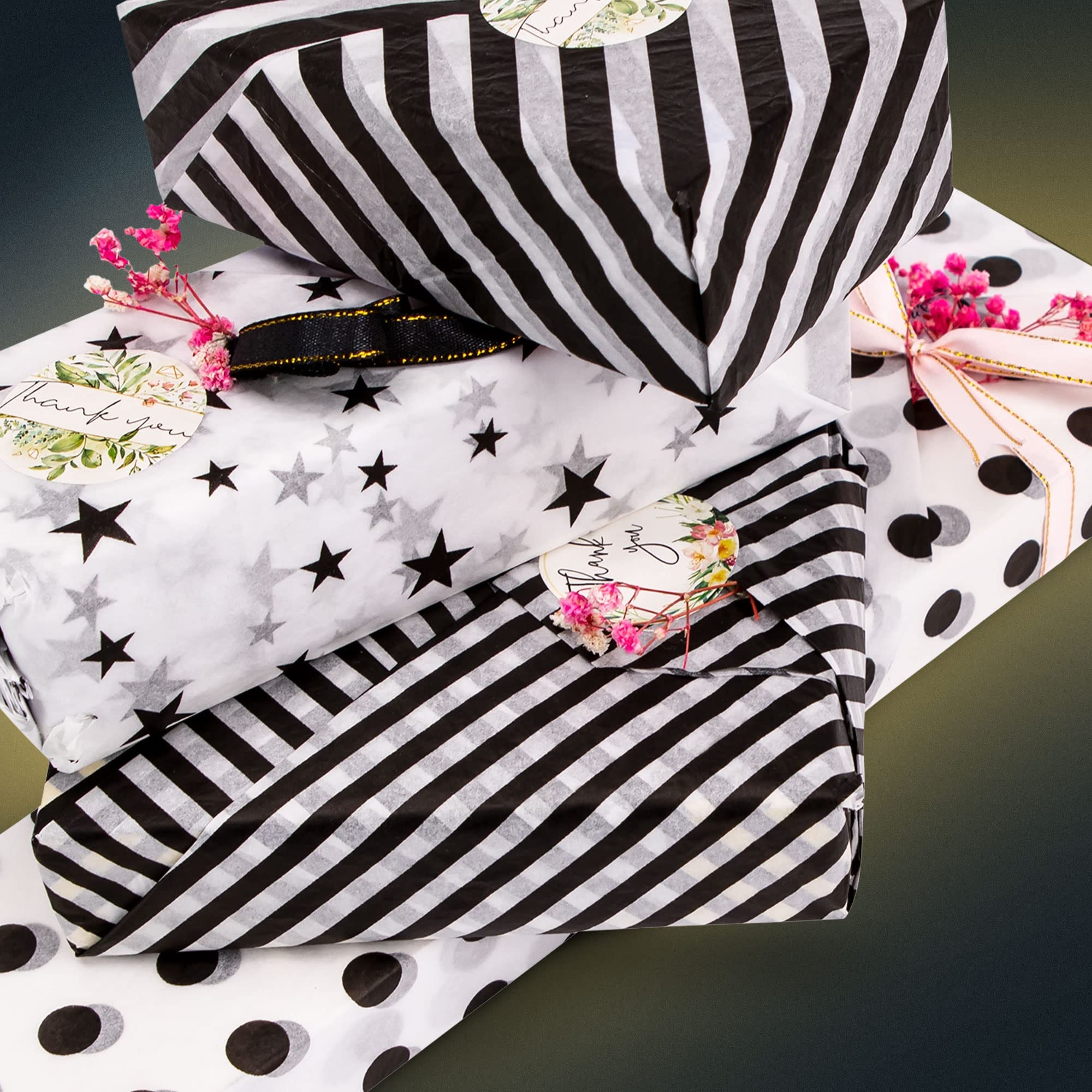120 Sheets Black and White Tissue Paper Bulk,Black and White Tissue Paper for Gift Bags,White Tissue Paper with Black Star Stripes Polka Dots Pattern,14 x 20 Inch