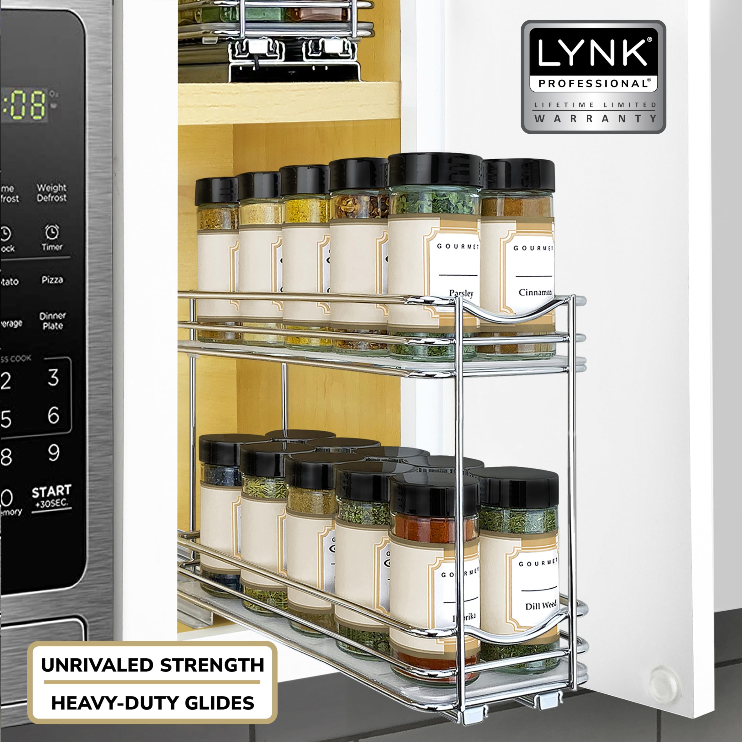 Lynk ProfessionalĀ® Pull Out Spice Rack Organizer for Cabinet - Slide Out Vertical Spice Rack - 4-1/4 inch Wide Sliding Spice Organizer Shelf - Double, Chrome