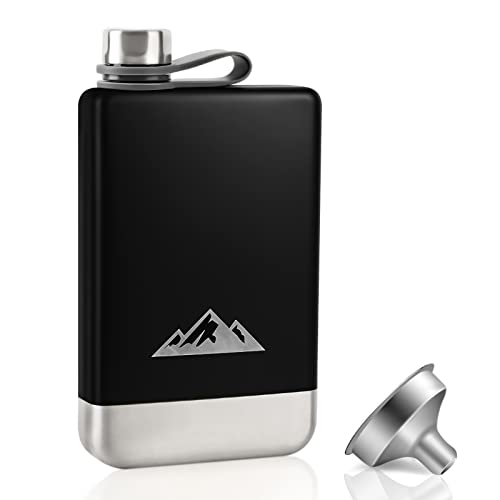 KWANITHINK Flask for Liquor for Men, Stainless Steel Camping Flask 8 oz with Funnel, Hip Flask Whiskey Flask with Integrated Steel Cap for Outdoor, Camping Hiking Climbing Exploration Black (8 oz)