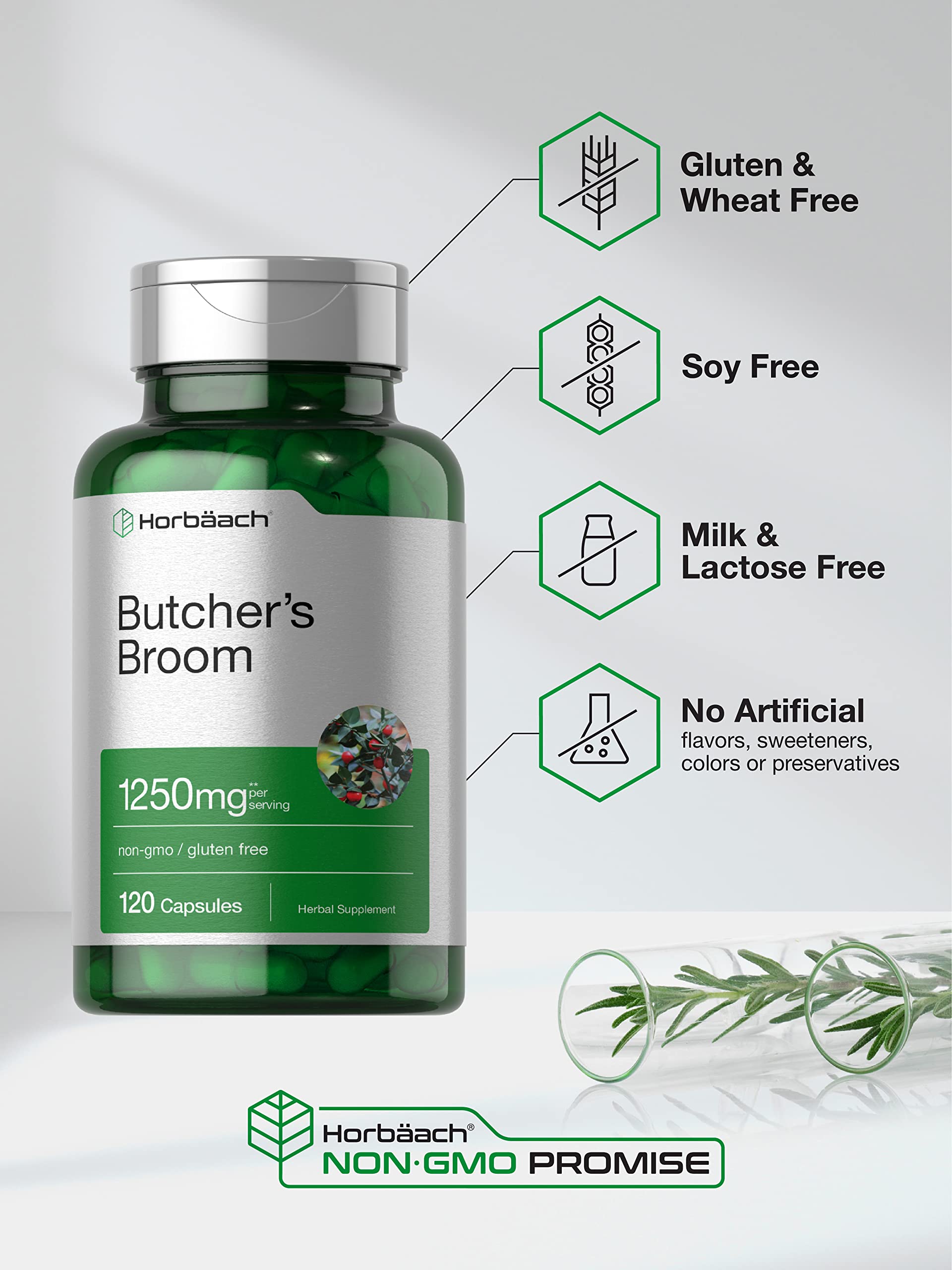Horbaach Butchers Broom Capsules 1250mg | 120 Count | Non-GMO, Gluten Free | Traditional Herb Root Extract Supplement