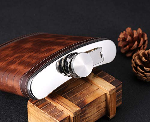 18 oz Crocodile Leather Pattern Large Capacity Brown Stainless Steel Whiskey Liquor Hip Flask with PU Leather Wrapped, TOX TANEAXON