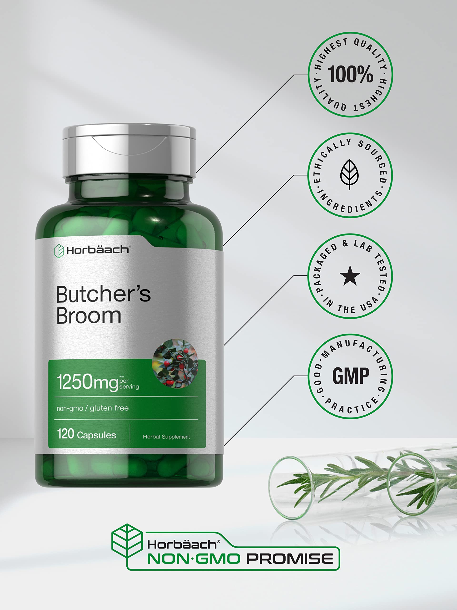 Horbaach Butchers Broom Capsules 1250mg | 120 Count | Non-GMO, Gluten Free | Traditional Herb Root Extract Supplement
