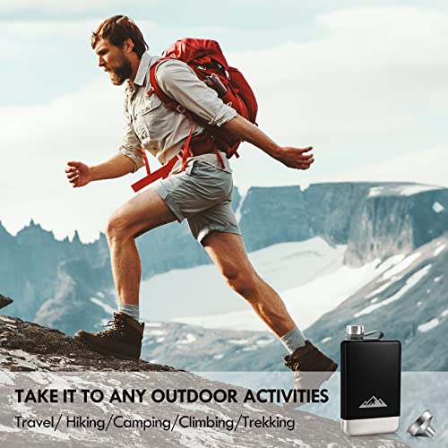 KWANITHINK Flask for Liquor for Men, Stainless Steel Camping Flask 8 oz with Funnel, Hip Flask Whiskey Flask with Integrated Steel Cap for Outdoor, Camping Hiking Climbing Exploration Black (8 oz)
