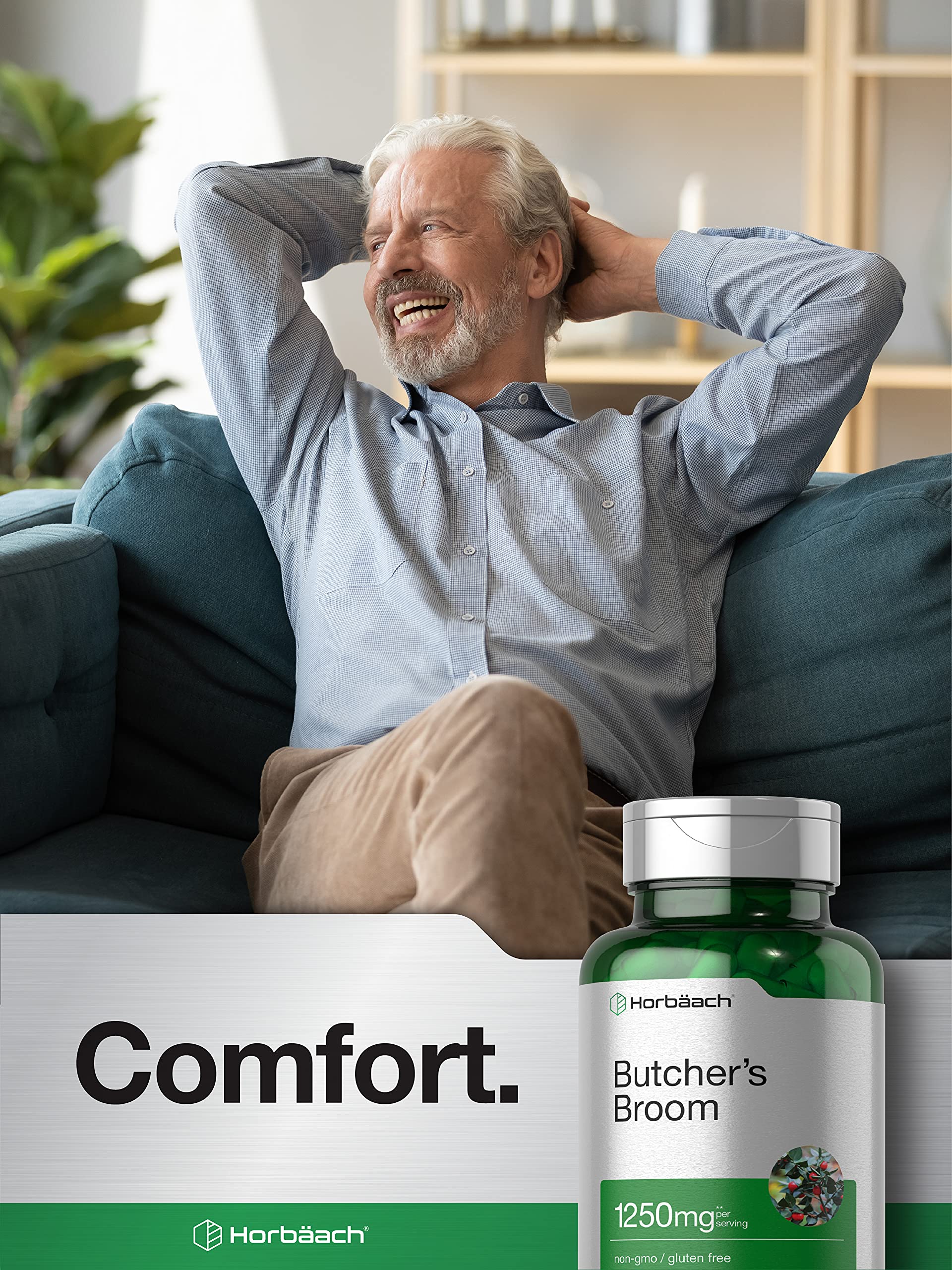 Horbaach Butchers Broom Capsules 1250mg | 120 Count | Non-GMO, Gluten Free | Traditional Herb Root Extract Supplement