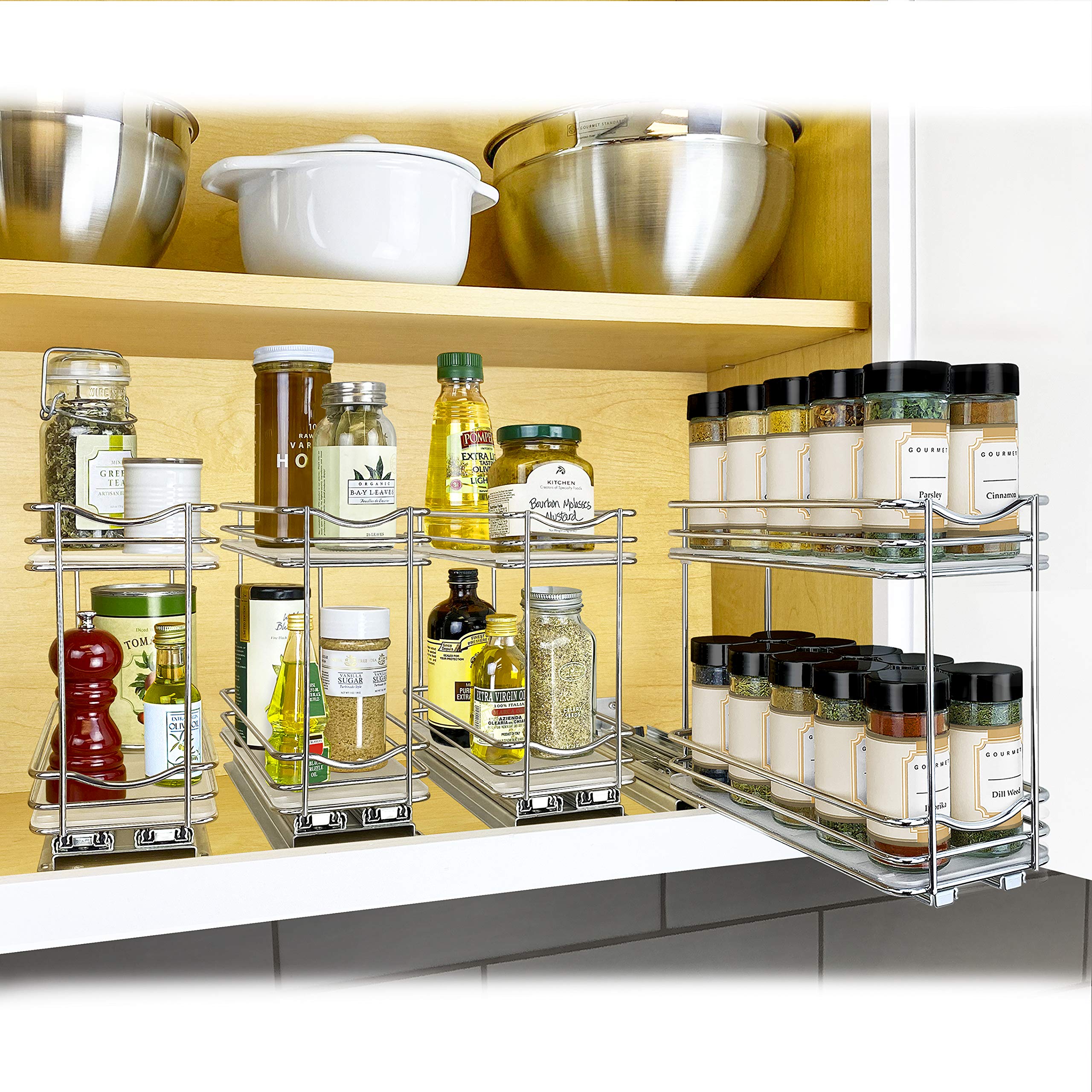 Lynk ProfessionalĀ® Pull Out Spice Rack Organizer for Cabinet - Slide Out Vertical Spice Rack - 4-1/4 inch Wide Sliding Spice Organizer Shelf - Double, Chrome