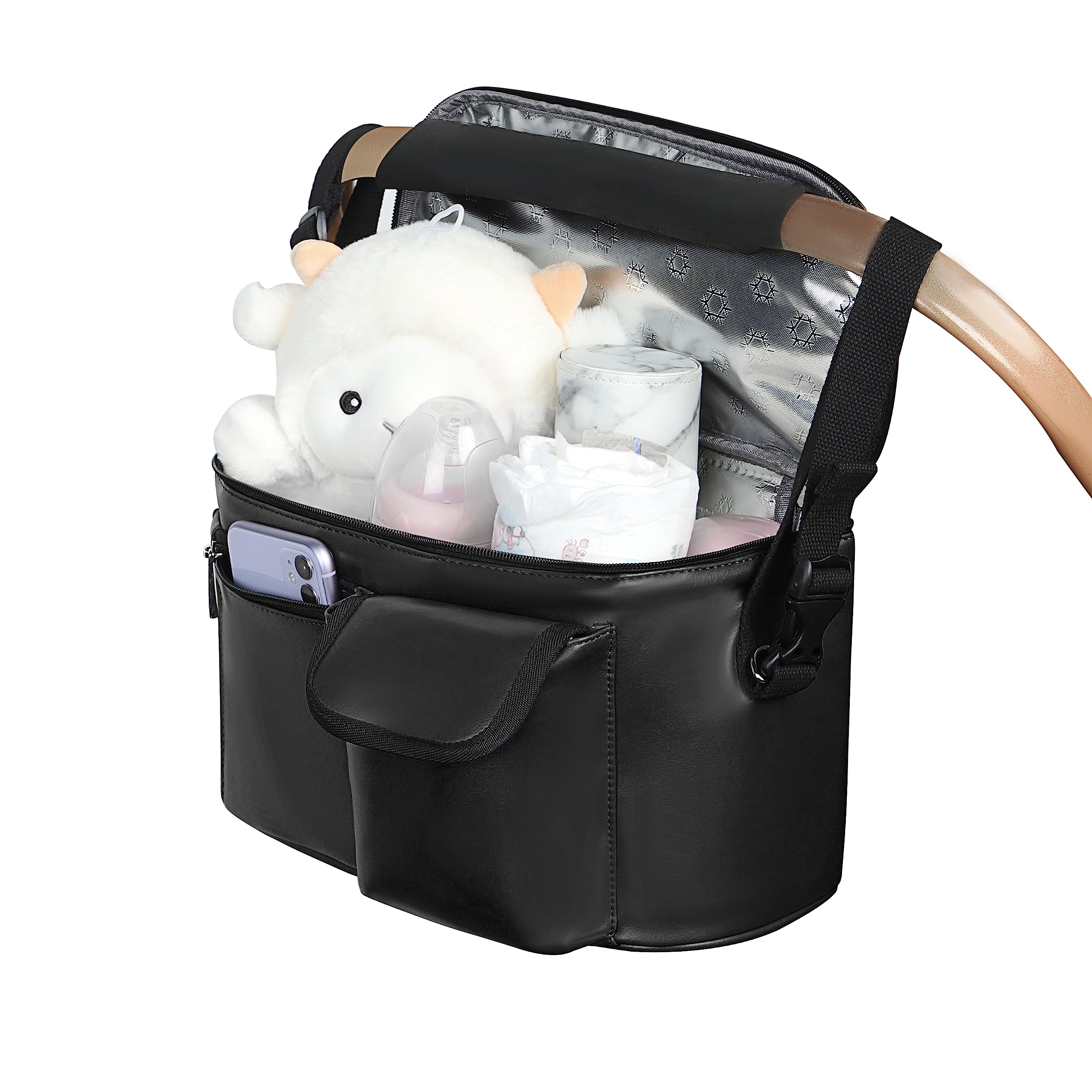 Universal Stroller Organizer with Insulated Cup Holder Detachable Phone Bag & Shoulder Strap, Fits for Stroller Like Uppababy, Baby Jogger, Britax, BOB, Umbrella and Pet Stroller (Black)