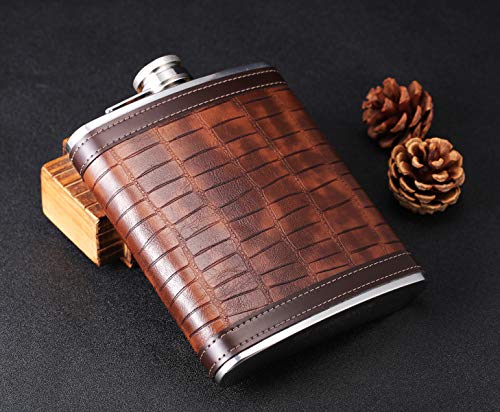 18 oz Crocodile Leather Pattern Large Capacity Brown Stainless Steel Whiskey Liquor Hip Flask with PU Leather Wrapped, TOX TANEAXON