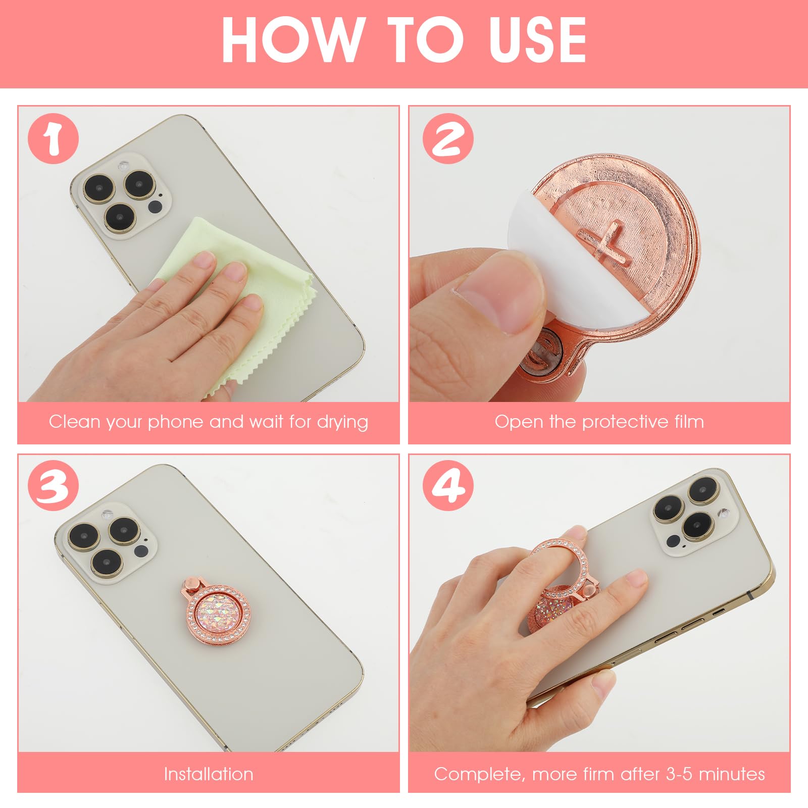 WLLHYF 4 Pack Cell Phone Ring Holder Stand Metal Round Rhinestones Finger Grip Loop 360 Degree Rotation Generic Phone Hand Holder Kickstand Cellphone Case Accessories