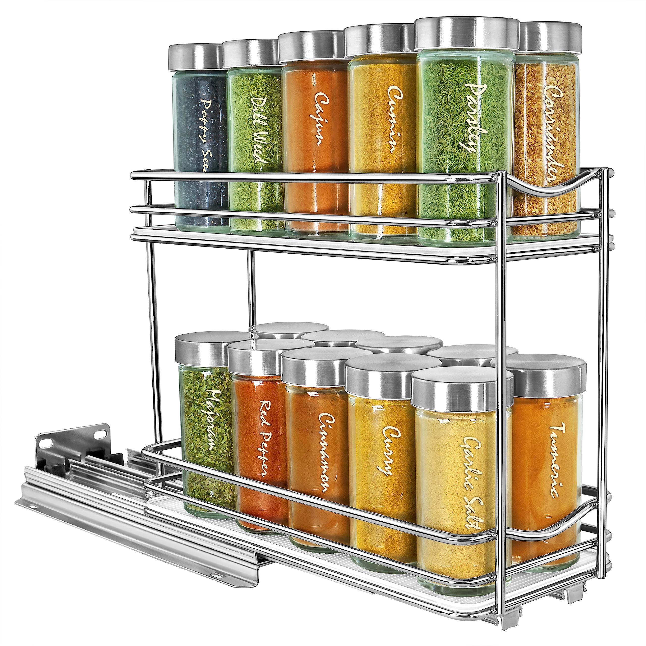 Lynk ProfessionalĀ® Pull Out Spice Rack Organizer for Cabinet - Slide Out Vertical Spice Rack - 4-1/4 inch Wide Sliding Spice Organizer Shelf - Double, Chrome