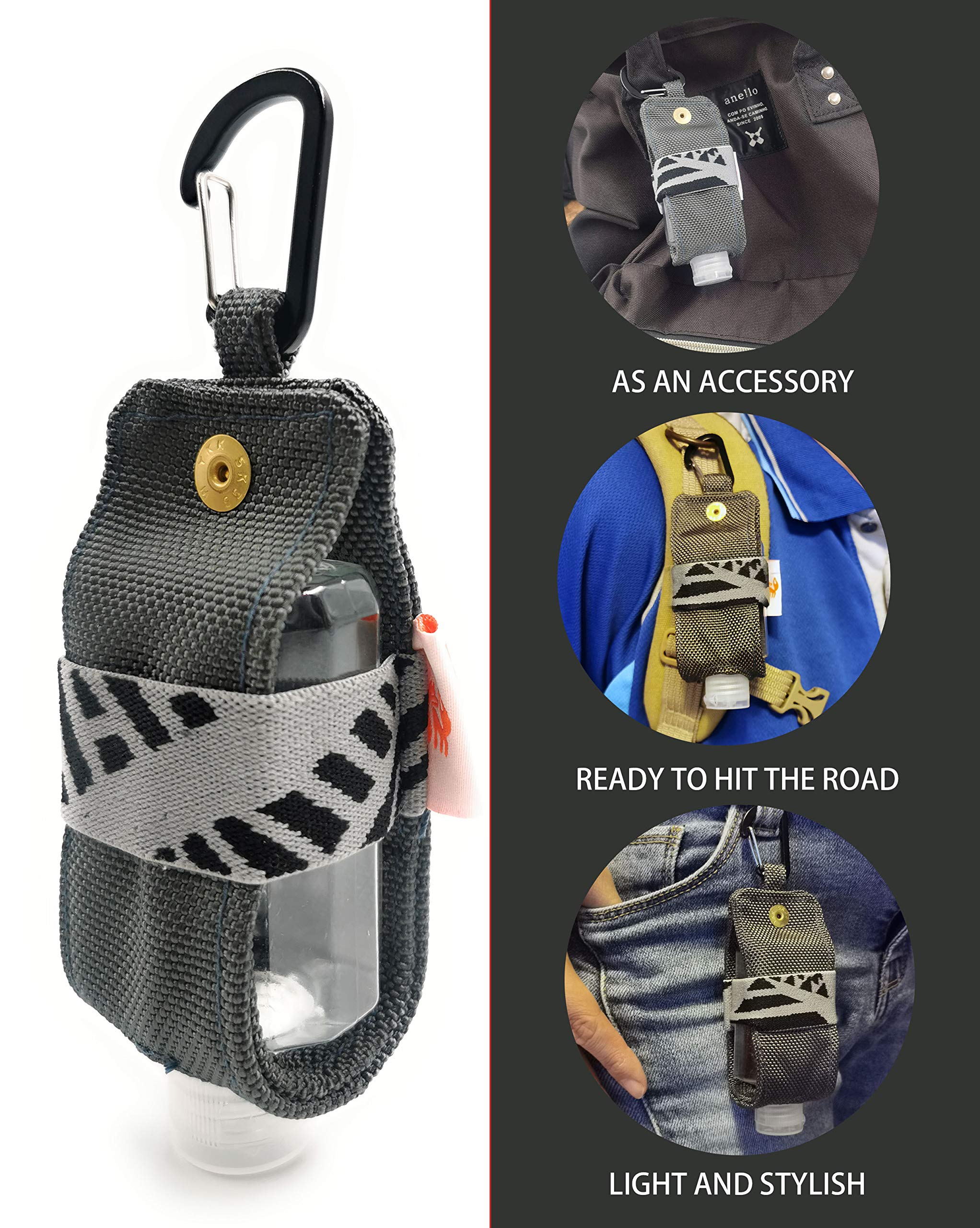 SUCHI Travel Size Hand Sanitizer Holder,Bottle Case and Carabiner Carrier bag-Portable Mini Waist Bag for Liquids Clip On Belt Loop,Backpack and Purse-Includes Empty 60ml/ 2 oz Reusable Bottle (Gray)