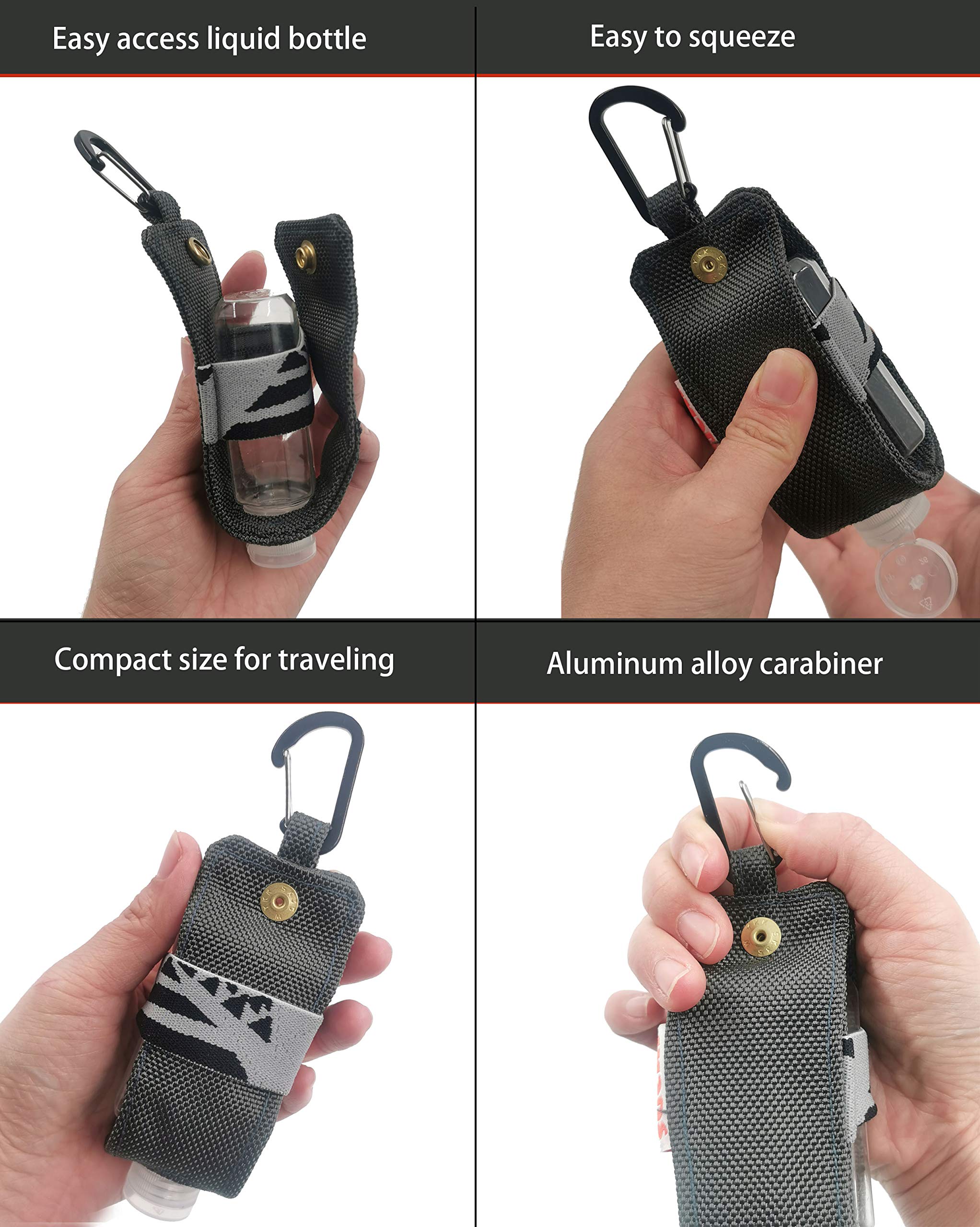 SUCHI Travel Size Hand Sanitizer Holder,Bottle Case and Carabiner Carrier bag-Portable Mini Waist Bag for Liquids Clip On Belt Loop,Backpack and Purse-Includes Empty 60ml/ 2 oz Reusable Bottle (Gray)