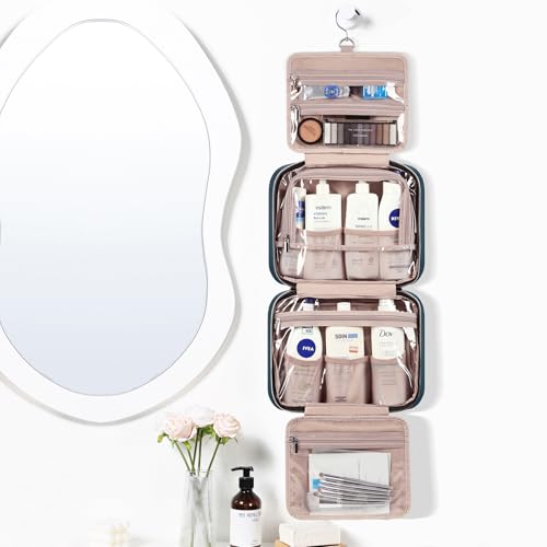 NISHEL Travel Toiletry Bag for women, Portable Hanging Organizer for Full-Sized Shampoo, Conditioner, Brushes Set, Makeup Accessories, Large Size, Lake-Blue
