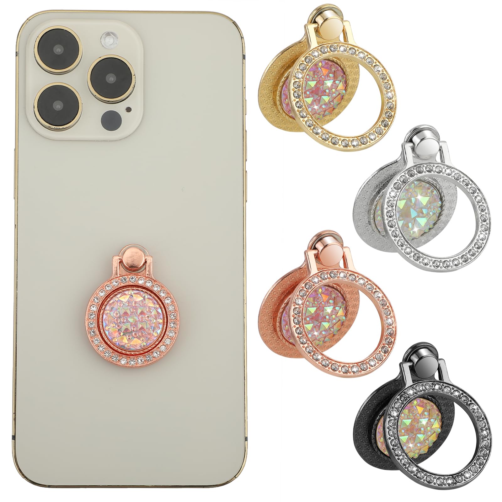 WLLHYF 4 Pack Cell Phone Ring Holder Stand Metal Round Rhinestones Finger Grip Loop 360 Degree Rotation Generic Phone Hand Holder Kickstand Cellphone Case Accessories