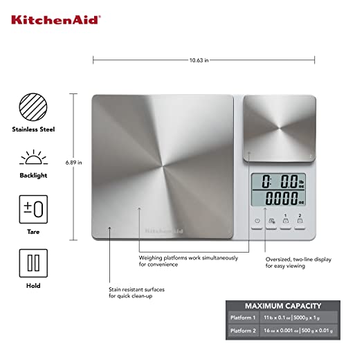 KitchenAid KQ909 Dual Platform Digital Kitchen and Food Scale, 11 pound capacity and Precision 16oz capacity, White with Stainless Steel