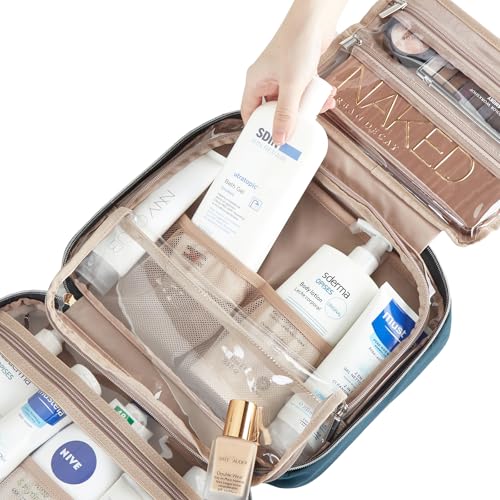 NISHEL Travel Toiletry Bag for women, Portable Hanging Organizer for Full-Sized Shampoo, Conditioner, Brushes Set, Makeup Accessories, Large Size, Lake-Blue