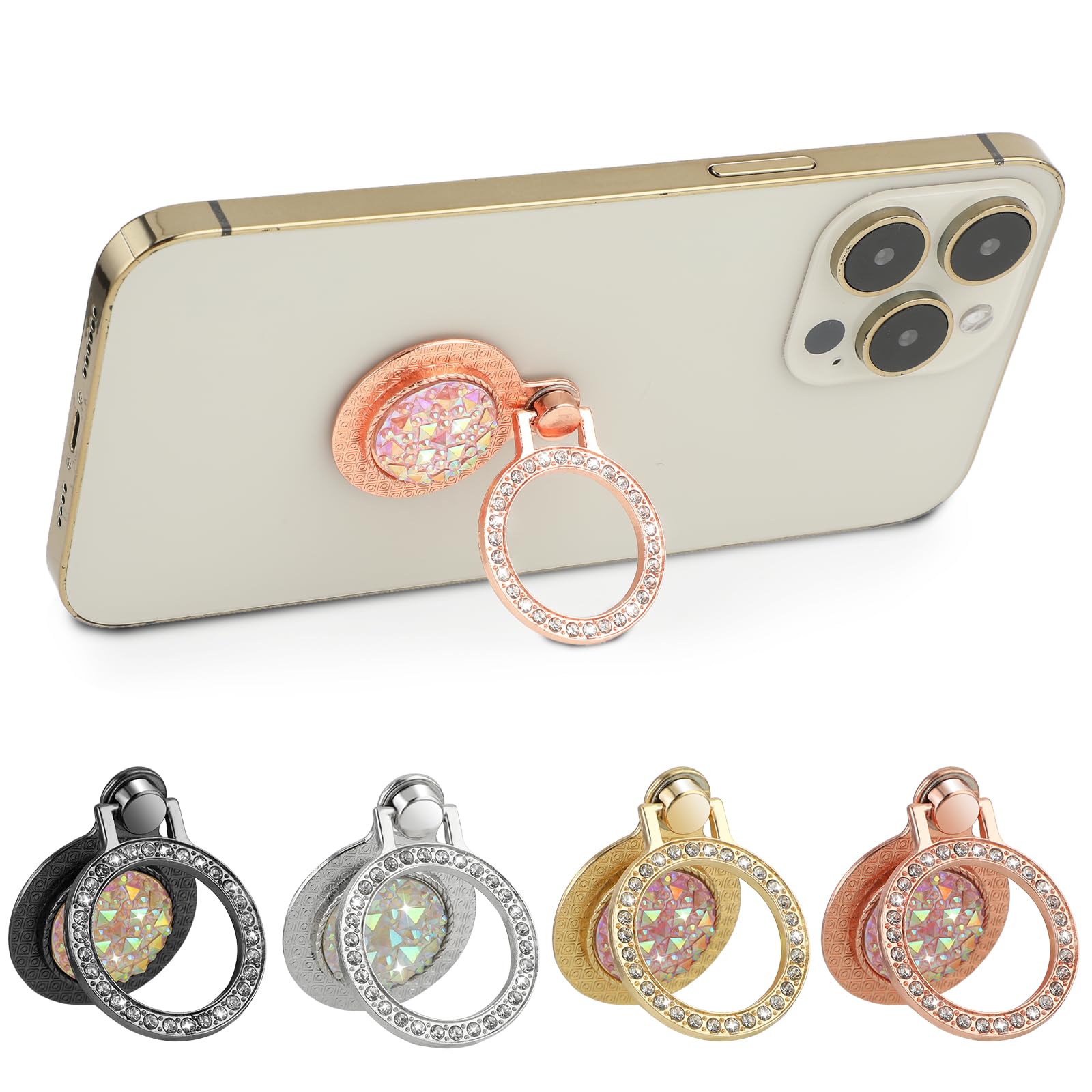 WLLHYF 4 Pack Cell Phone Ring Holder Stand Metal Round Rhinestones Finger Grip Loop 360 Degree Rotation Generic Phone Hand Holder Kickstand Cellphone Case Accessories