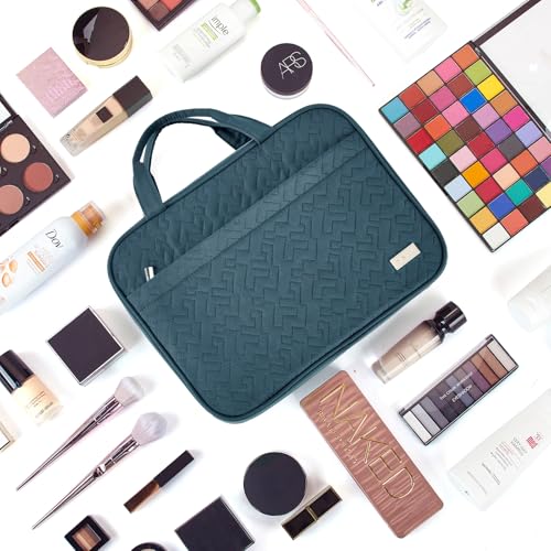 NISHEL Travel Toiletry Bag for women, Portable Hanging Organizer for Full-Sized Shampoo, Conditioner, Brushes Set, Makeup Accessories, Large Size, Lake-Blue