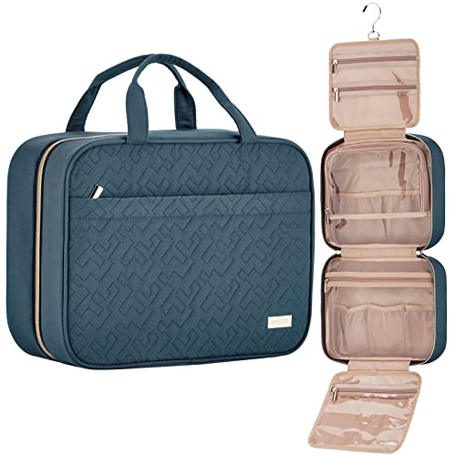 NISHEL Travel Toiletry Bag for women, Portable Hanging Organizer for Full-Sized Shampoo, Conditioner, Brushes Set, Makeup Accessories, Large Size, Lake-Blue