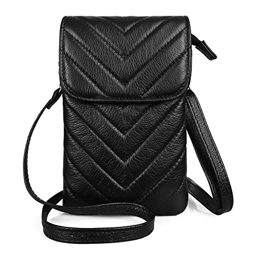 belfen Crossbody Bags for Women, Small Leather Cross body Cell Phone Wallet Purse with Adjustable Strap-Chevron Quilted Black