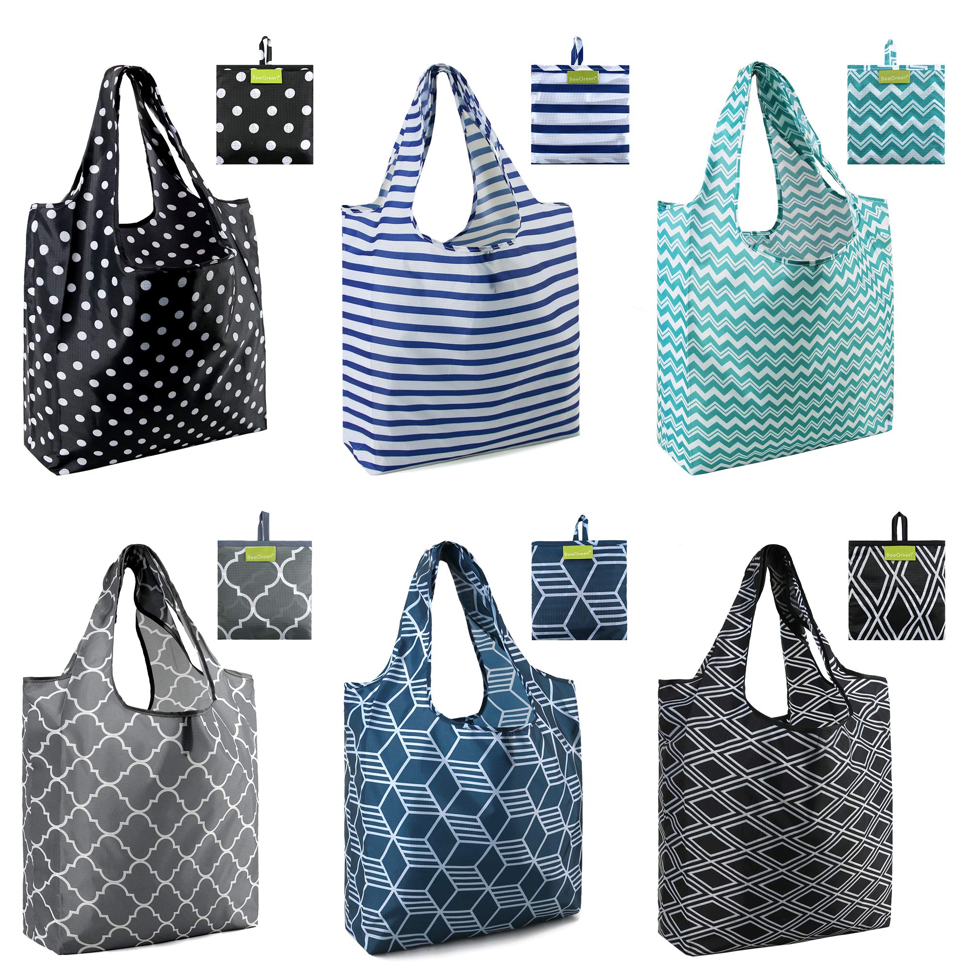 BeeGreen Shopping Bags Reusable Grocery Tote Bags 6 Pack XLarge 50LBS Ripstop Geometric Fashion Recycling Bags with Pouch Bulk Machine Washable Nylon Bags Black Gray Blue Navy Teal Christmas