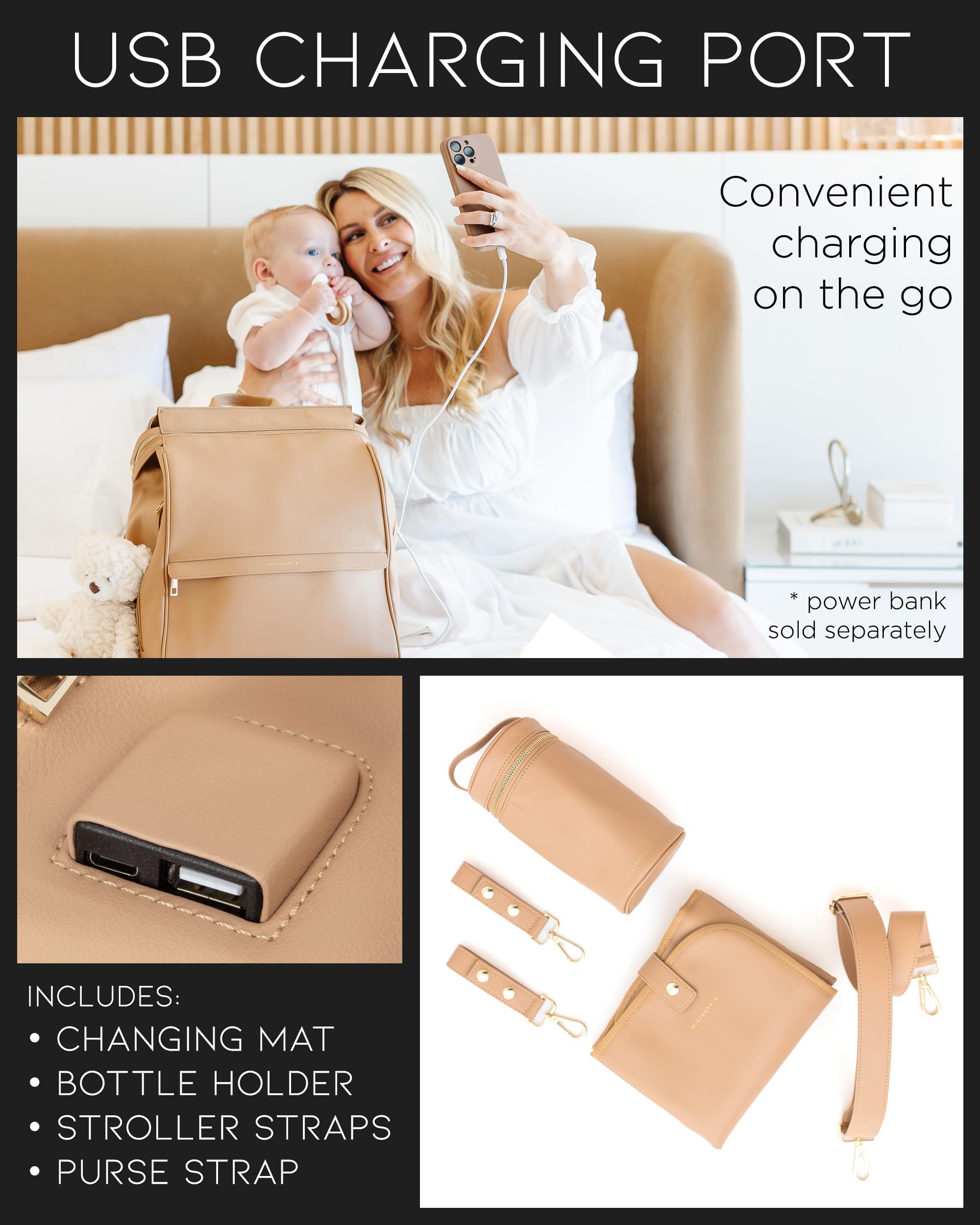 MIA + SOPHIA Leather Diaper Bag Backpack with USB Charging Port, Changing Pad, Stroller Straps, Bottle Holder (Brown Sophia)