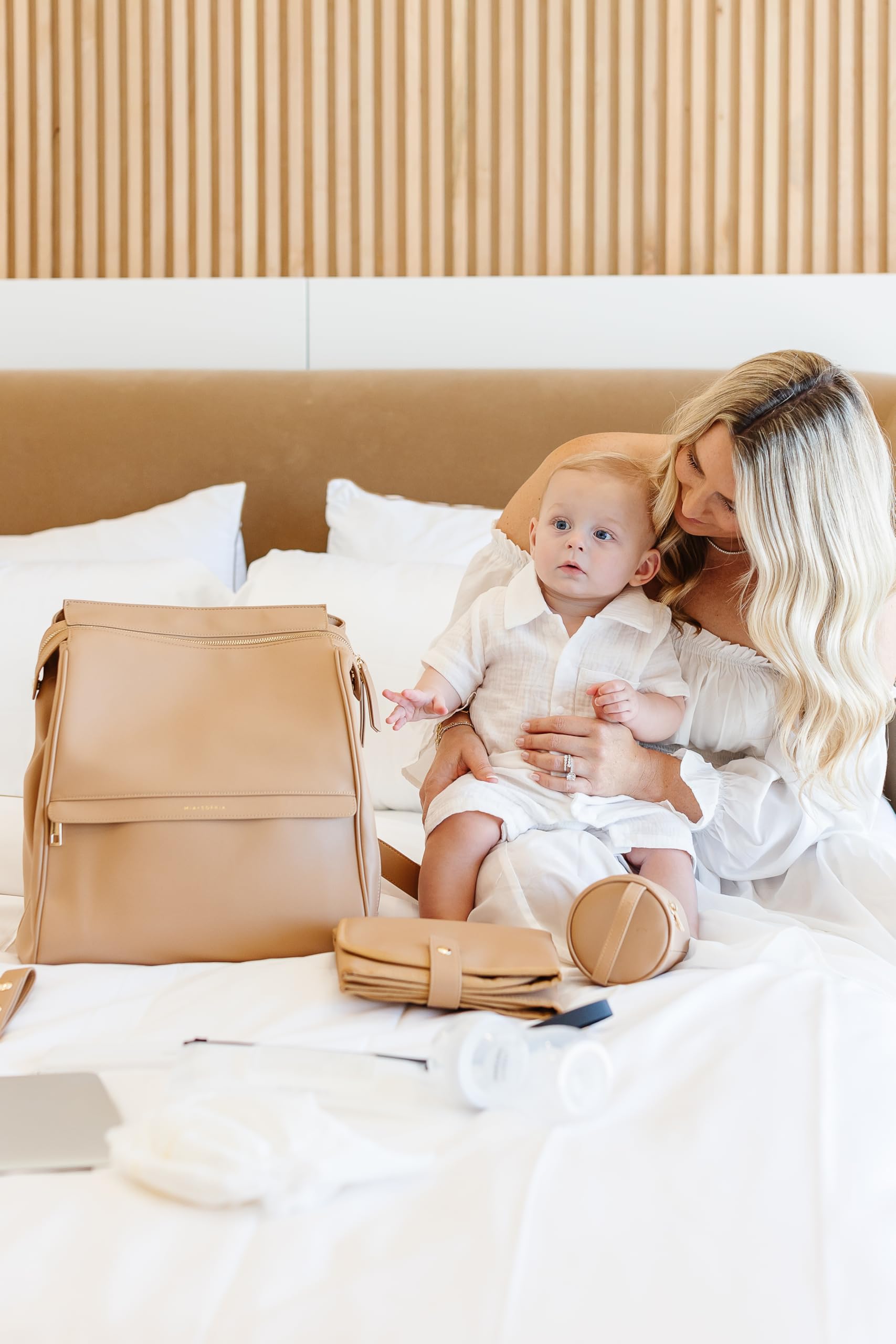 MIA + SOPHIA Leather Diaper Bag Backpack with USB Charging Port, Changing Pad, Stroller Straps, Bottle Holder (Brown Sophia)