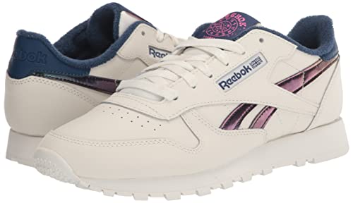 Reebok Women's Classic Leather Sneaker, Chalk/Batik Blue/Atomic Pink, 8