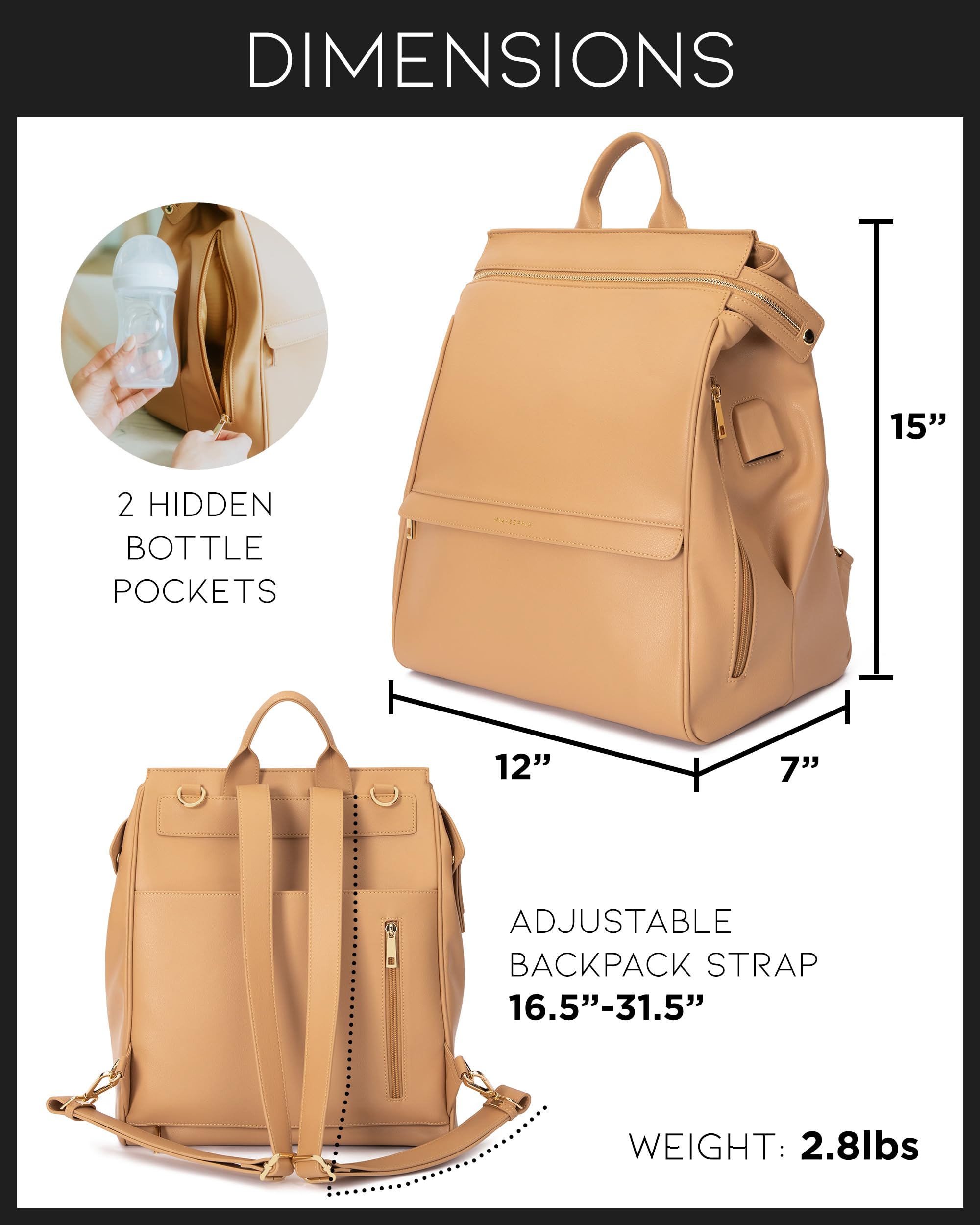 MIA + SOPHIA Leather Diaper Bag Backpack with USB Charging Port, Changing Pad, Stroller Straps, Bottle Holder (Brown Sophia)
