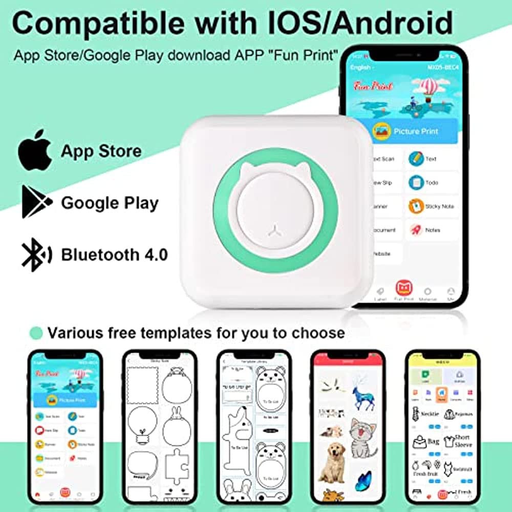 TVAIGER Mini Printer Portable, Wireless Bluetooth Thermal Sticker Printers with 6 Rolls Printing Paper, Compatible with Android iOS for Label Receipt Photo Notes and Memos (Green)