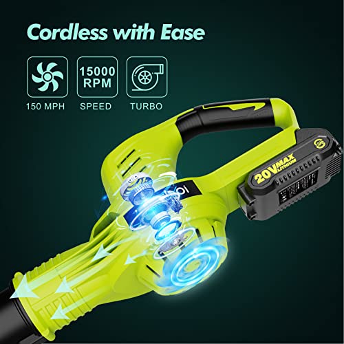 Cordless Leaf Blower, 150MPH Electric Mini Leaf Blower with Battery and Charger, 2 Speed Mode, Battery Powered Leaf Blowers for Lawn Care, Patio, Blowing Leaves and Snow