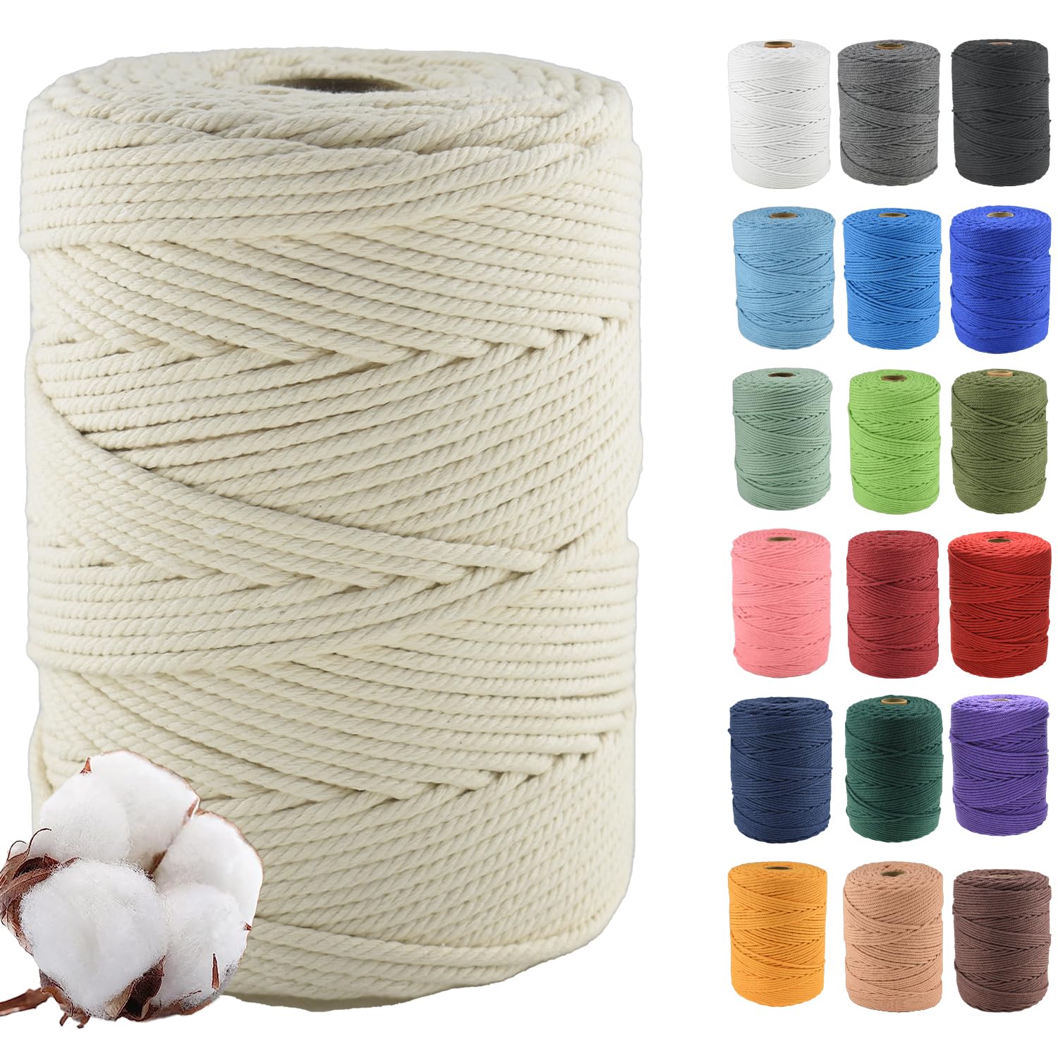 Klhamky 3mm x 547yd Natural Macrame Cotton Cord - 4 Strand Twisted Beige Cotton Cord for Handmade Wall Hanging, DIY, Craft Making, Knitting, Plant Hangers, Decorative Projects