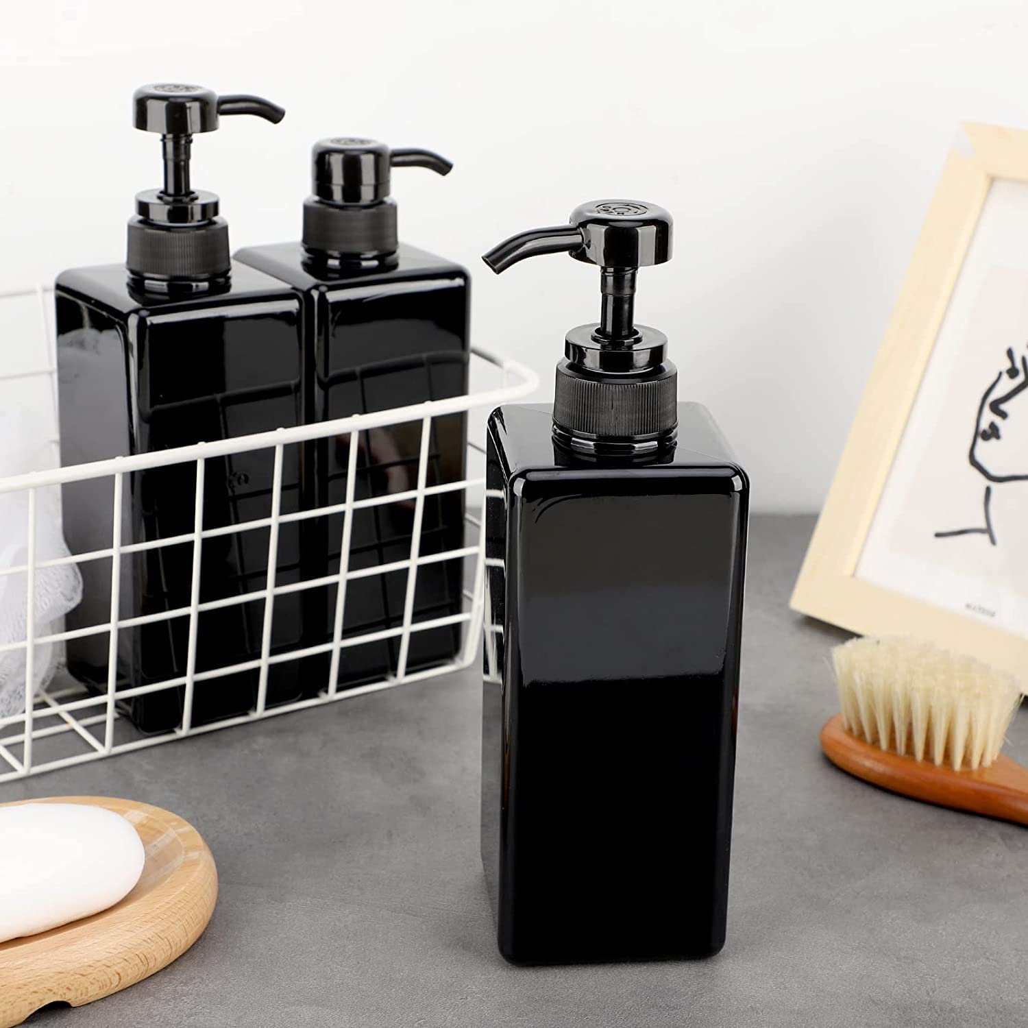 Amorettise 6 Pack Shampoo and Conditioner Dispenser Bottles, 4 Pack 22 Oz & 2 Pack 8 Oz Refillable Square Plastic Pump Bottles for Dispensing Lotions, Shampoo, Conditioner, and Body Wash (Black)