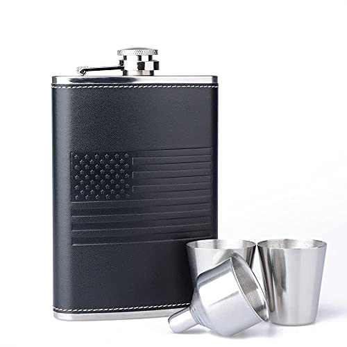 New Scale American Flag Flask Set, 8 Oz Flasks for Liquor for Men with Funnel & 2 Cups , 18/8 Stainless Steel Alcohol Drinking Flask for Men Great Gift Boxļ¼Black Leatherļ¼
